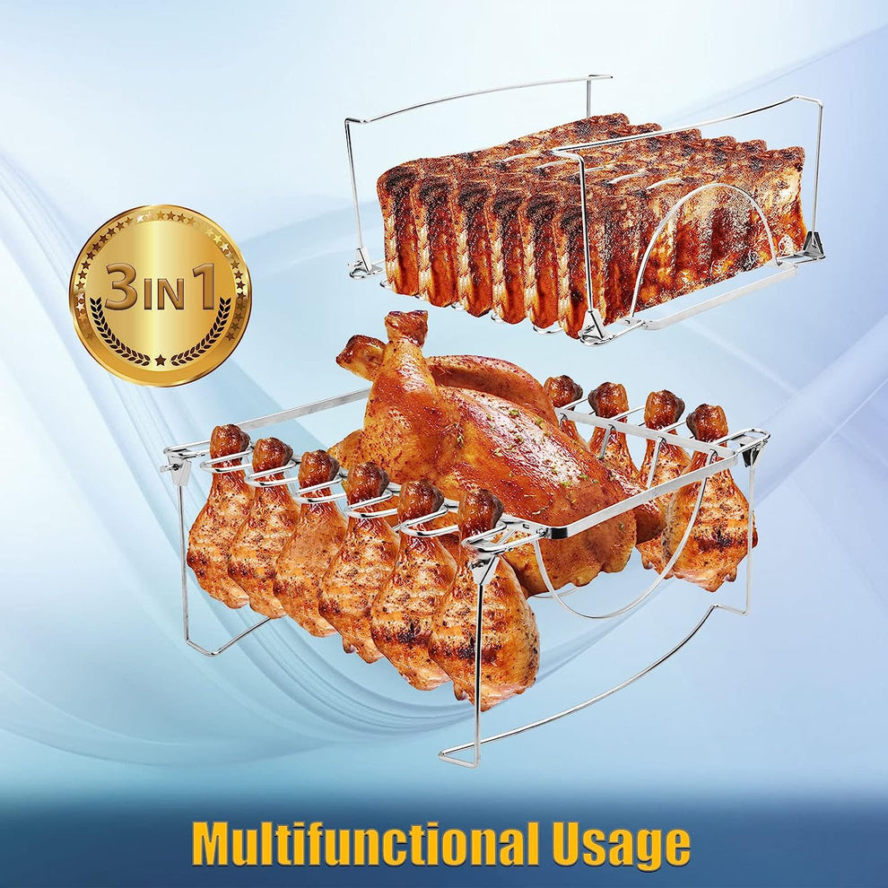 3-In-1 Rib Rack for Smoking & Chicken Leg Rack for Grill - Holds 6 Lar ...